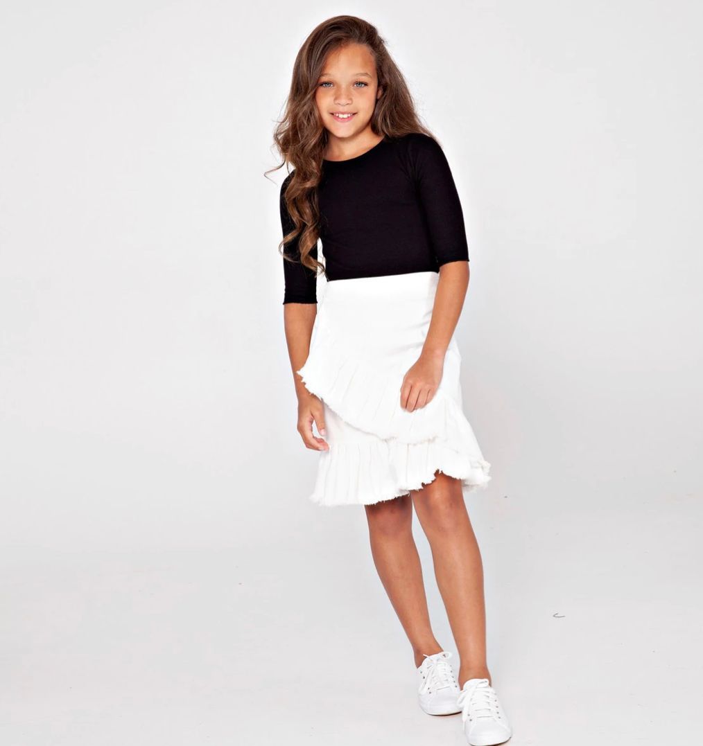 TEELA GIRLS WHITE DENIM CROSS OVER RUFFLE SKIRT - Boytique