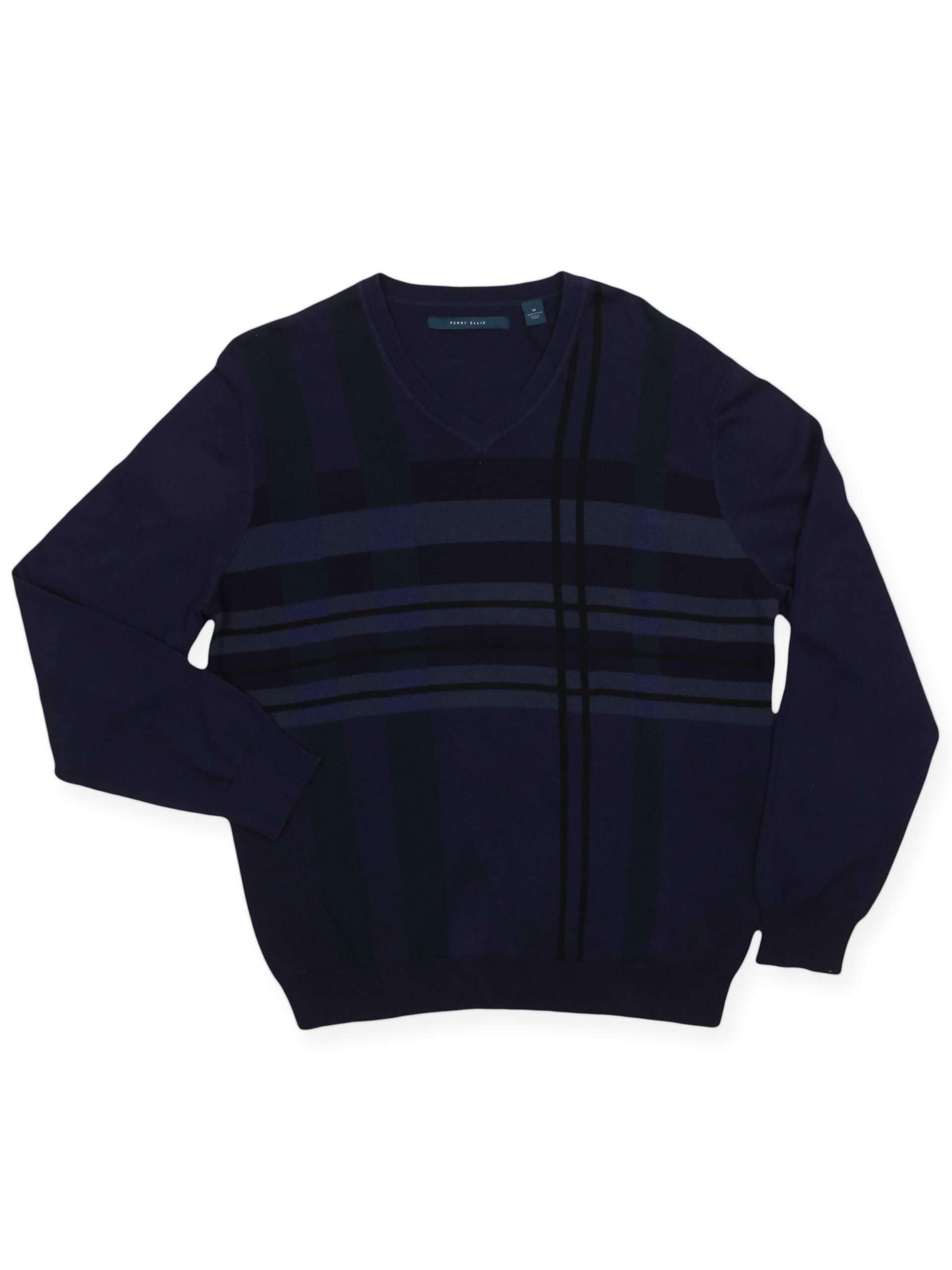 PERRY ELLIS Mens Navy Stripe V-Neck Sweater - Boytique